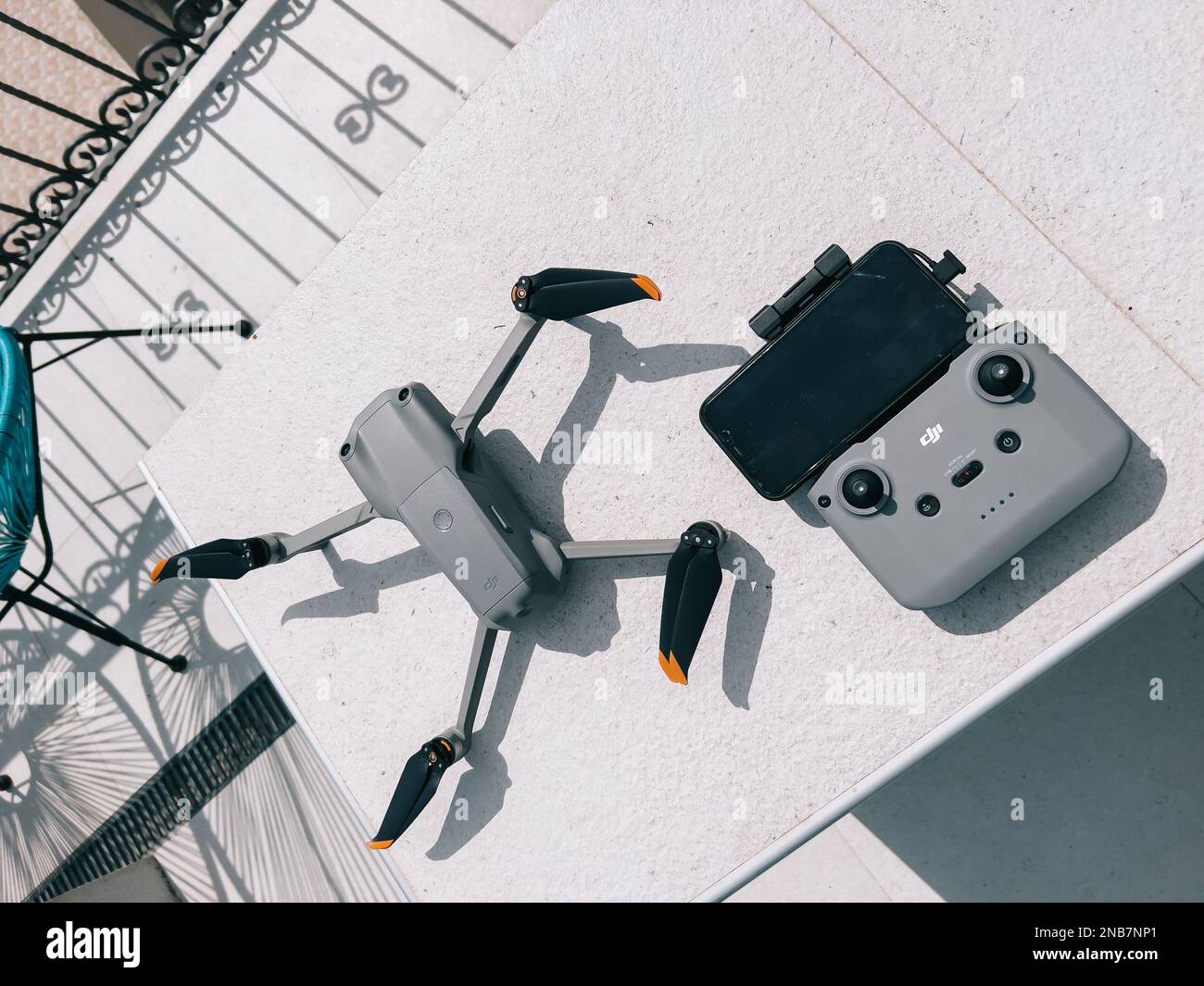 Four-engine drone lies on a pedestal next to the control panel Stock ...