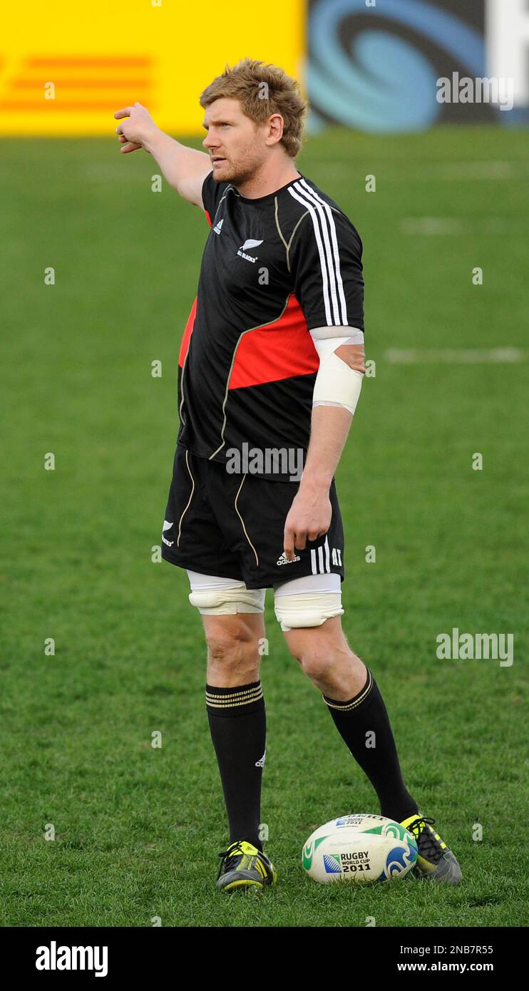 New Zealand rugby player Adam Thompson gestures to teammates during the ...