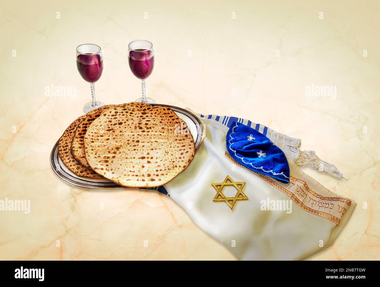 Passover with wine and matzah on table. Translation: Blessed are you ...