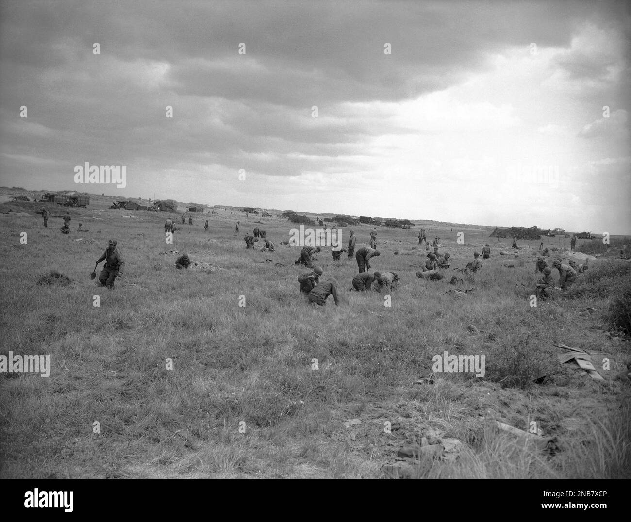 American soldiers of the allied invasion forces dig foxholes behind the ...