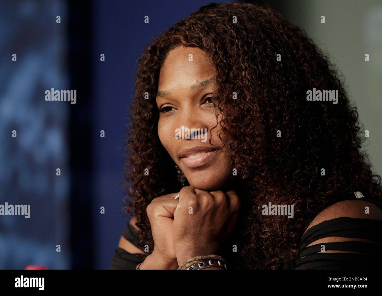 Serena Williams responds to questions during a news conference after ...