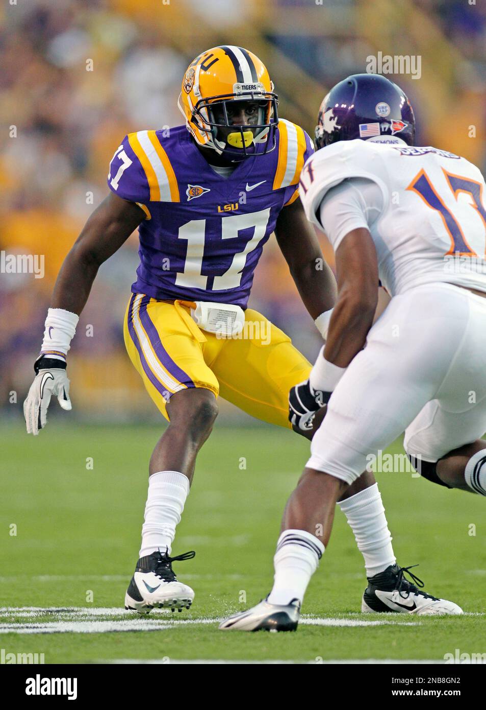 LSU Tigers cornerback Morris Claiborne (17) defends Northwestern State ...