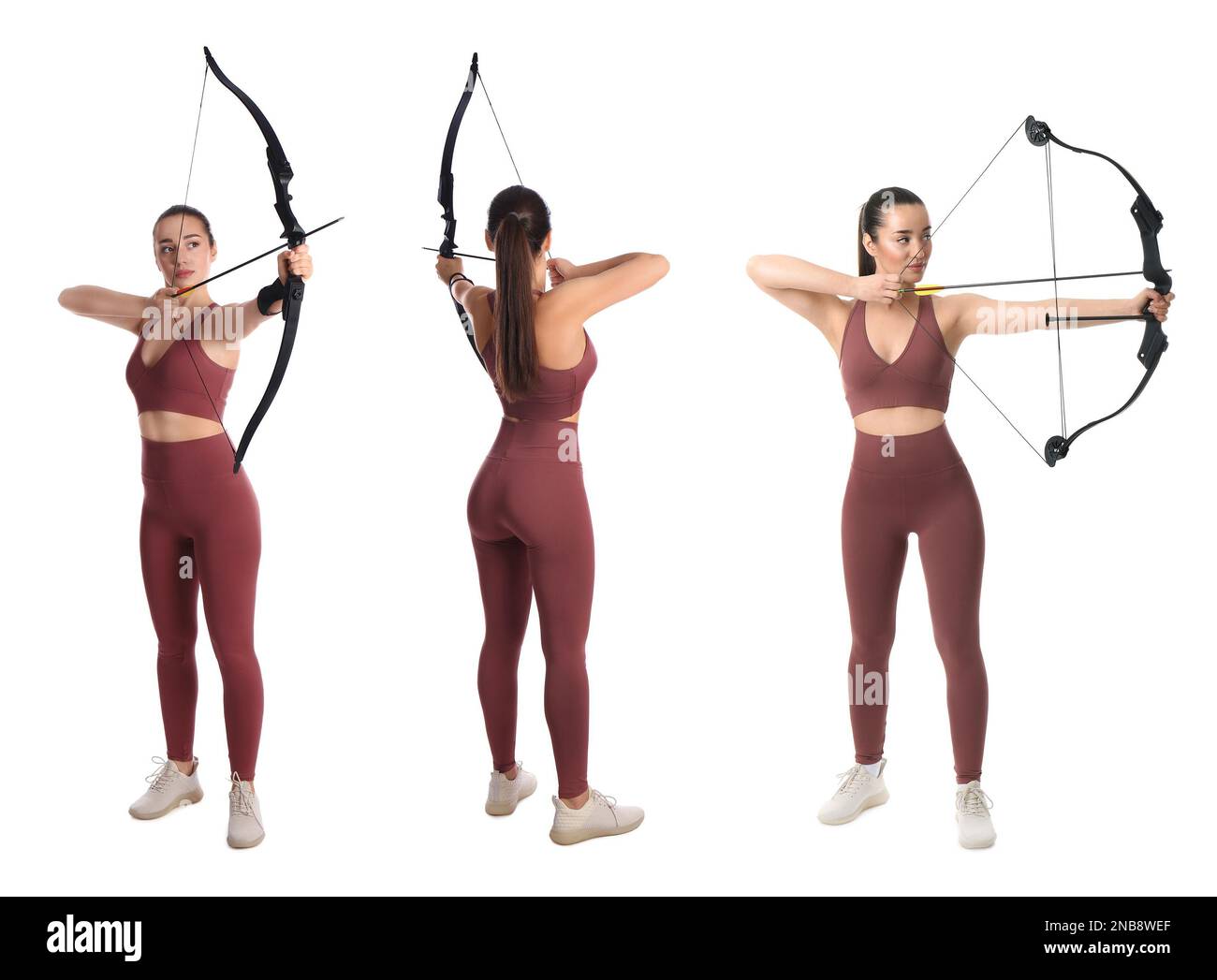 Young woman practicing archery on white background, collage Stock Photo ...
