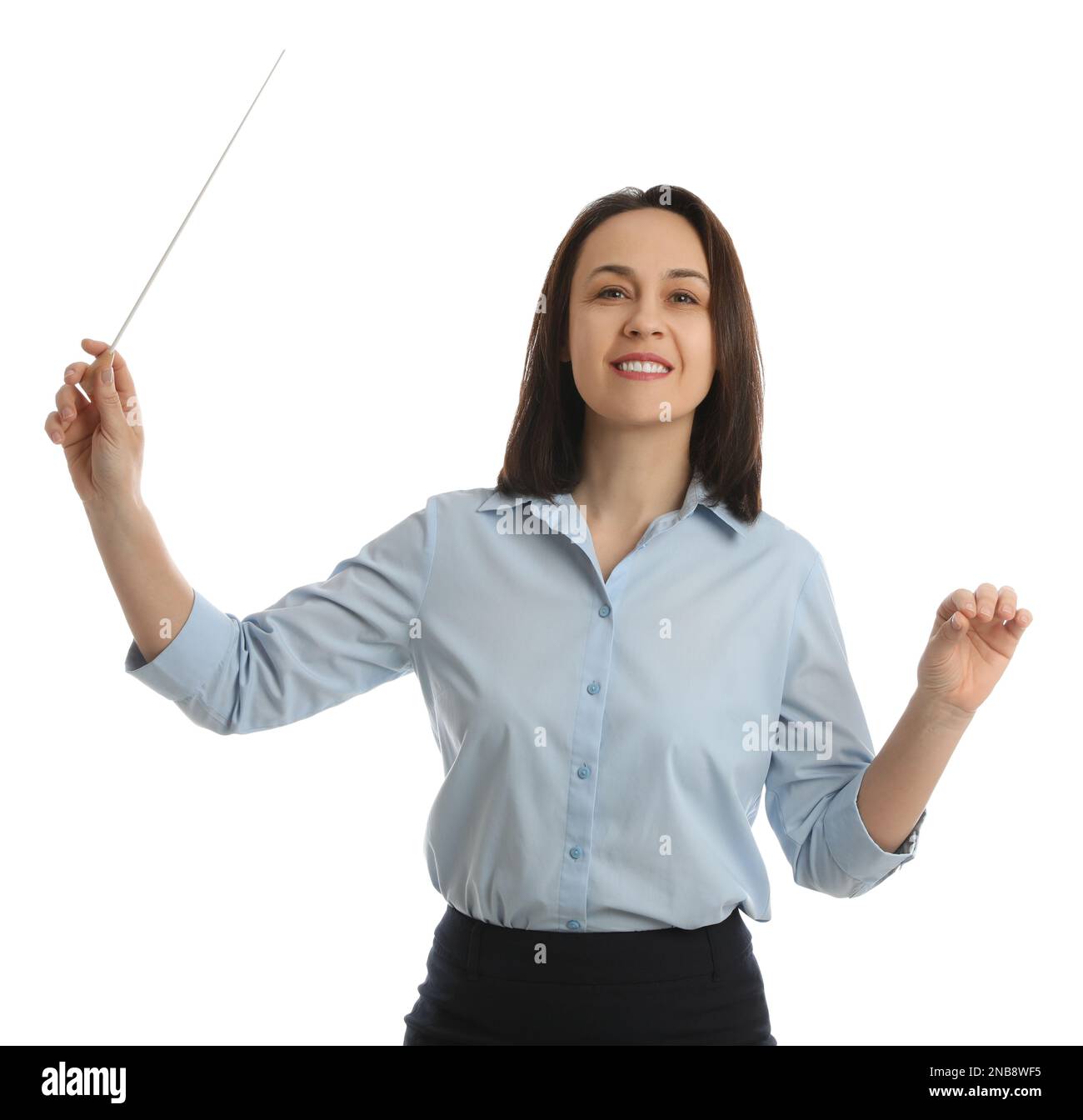 Music teacher with baton on white background Stock Photo - Alamy