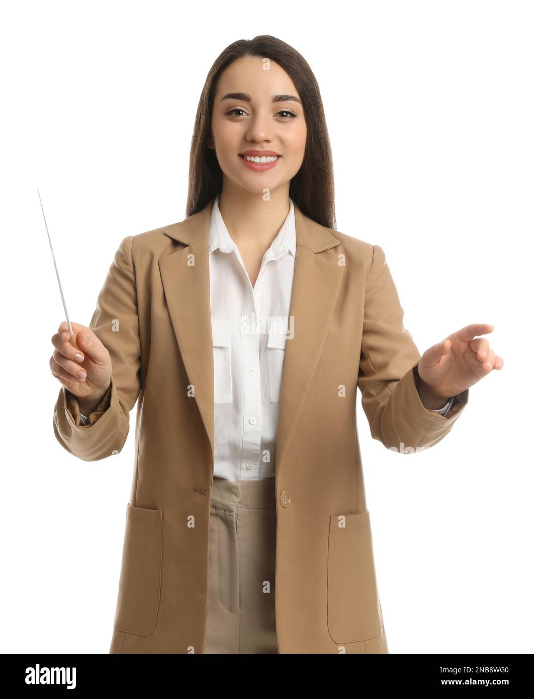 Music teacher with baton on white background Stock Photo - Alamy