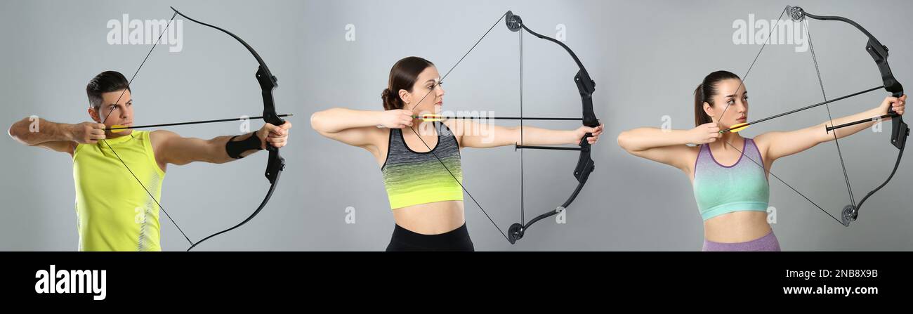 People practicing archery on grey background, collage. Banner design ...