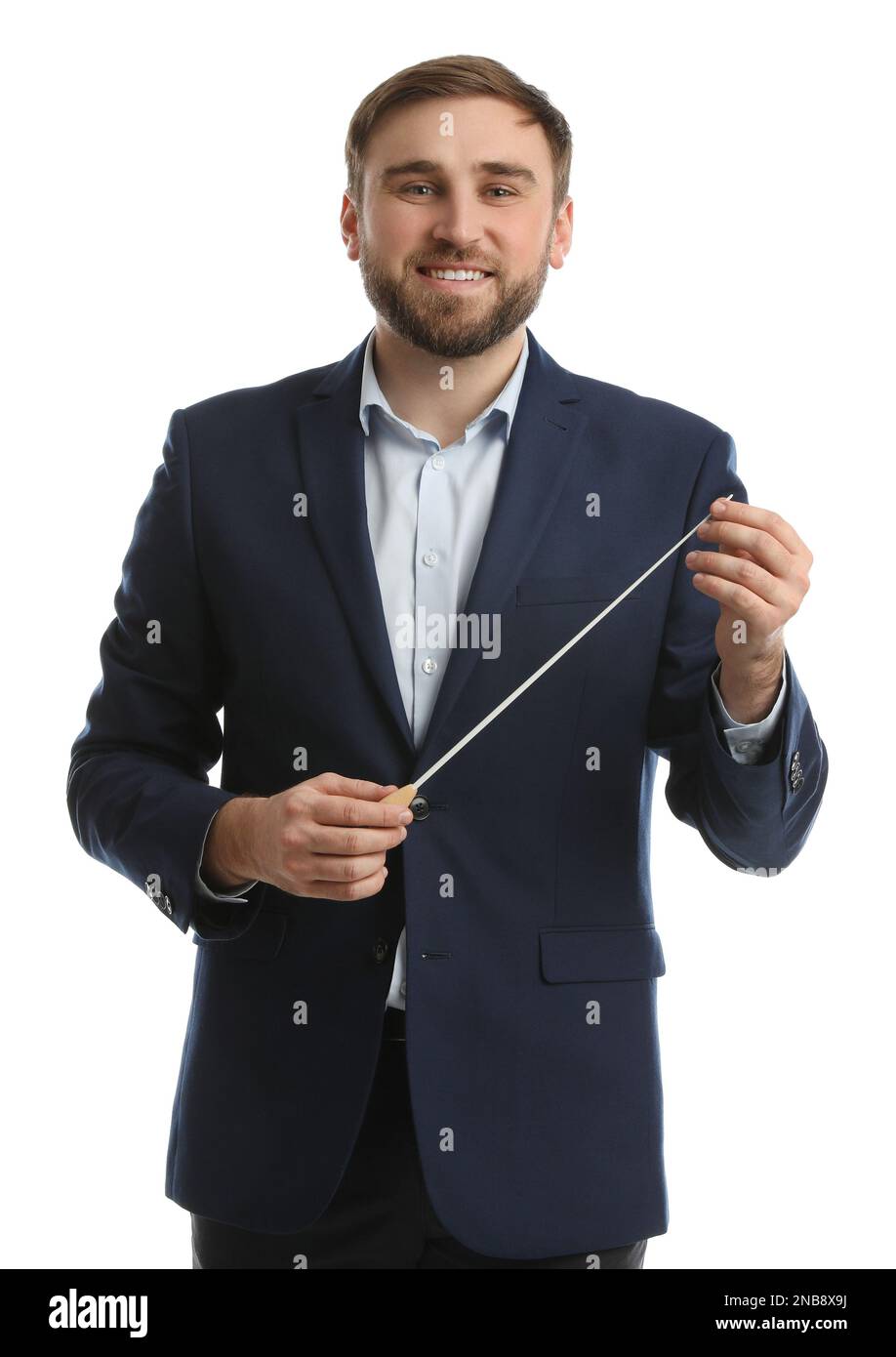 Music teacher with baton on white background Stock Photo - Alamy
