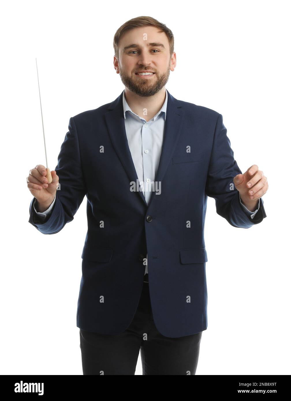 Music teacher with baton on white background Stock Photo - Alamy