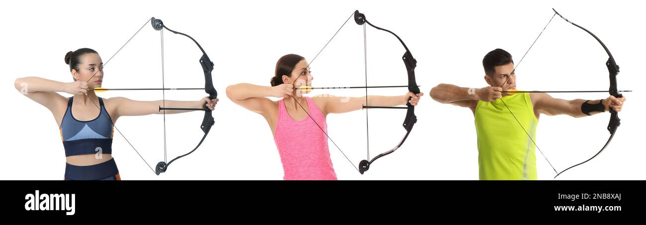 People practicing archery on white background, collage. Banner design ...