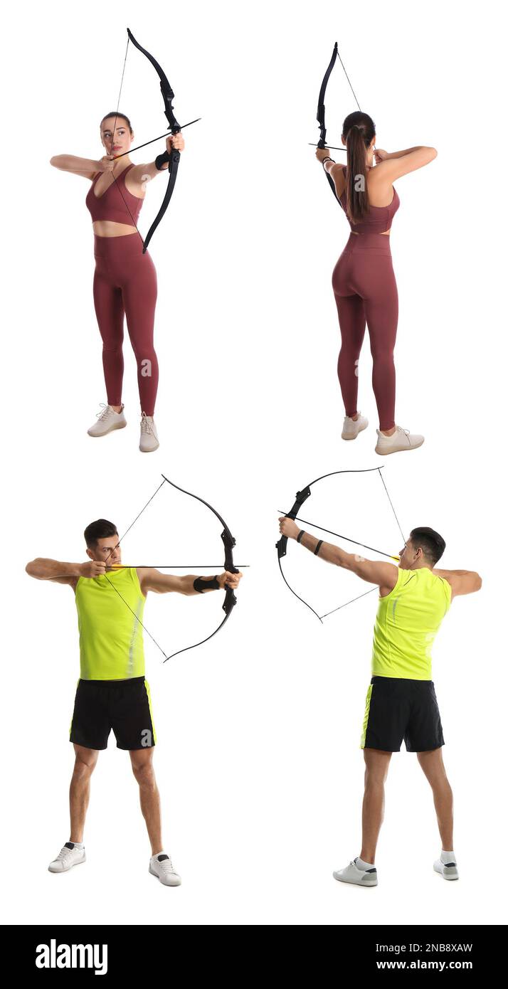 People practicing archery on white background, collage Stock Photo - Alamy