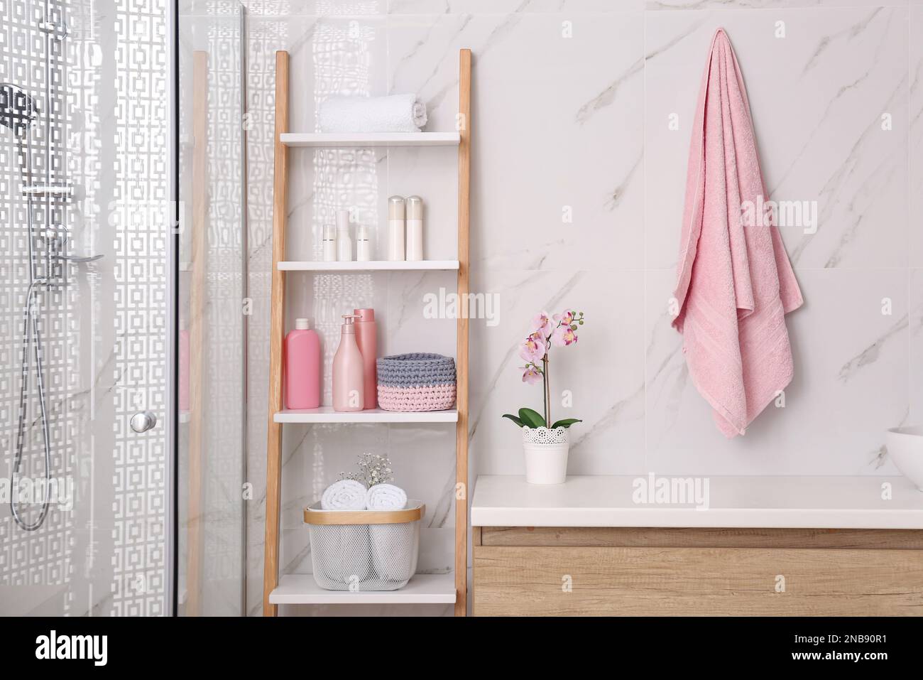 Modern bathroom interior with decorative ladder and shower stall Stock ...