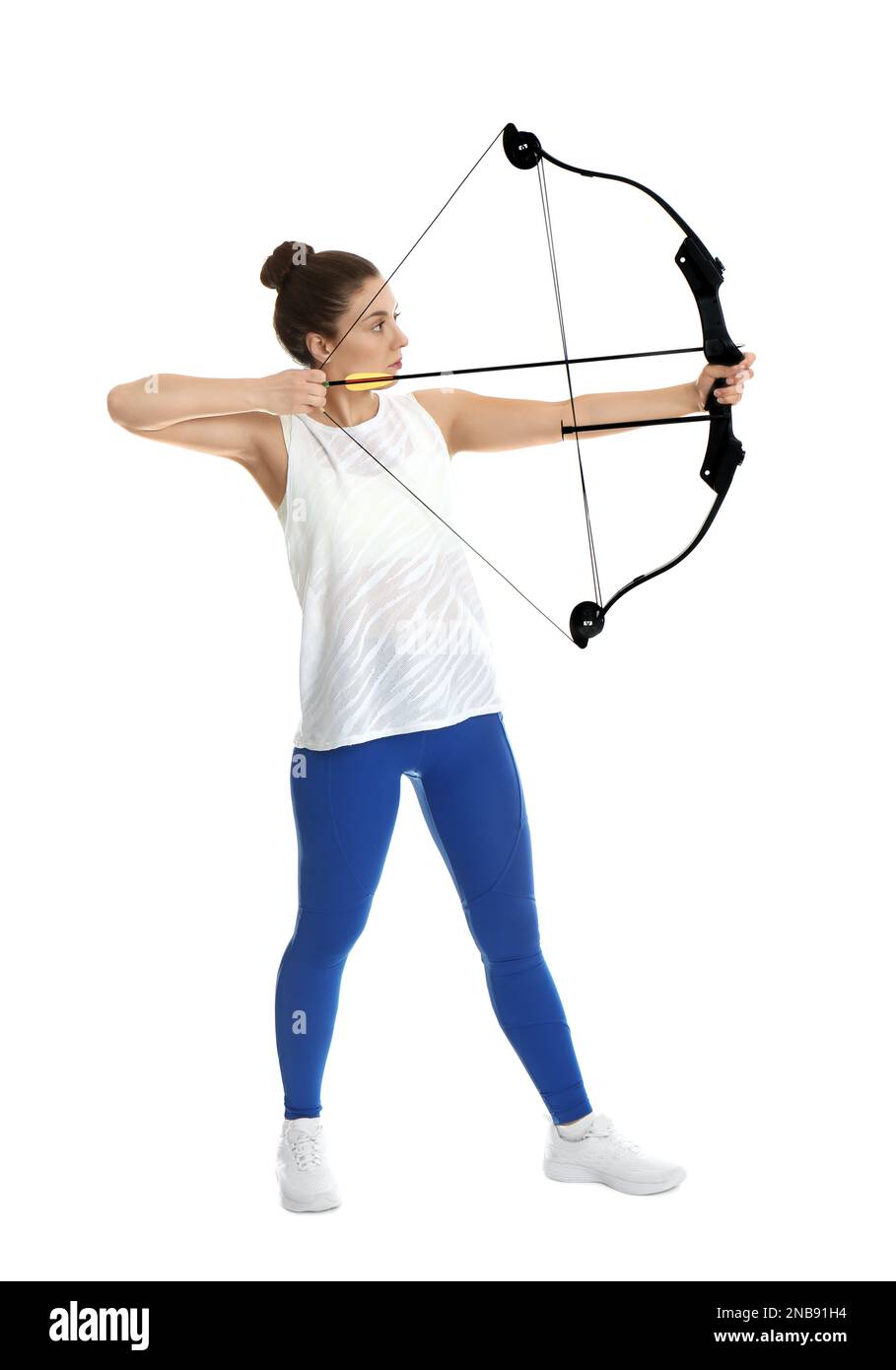 Woman with bow and arrow practicing archery on white background Stock ...