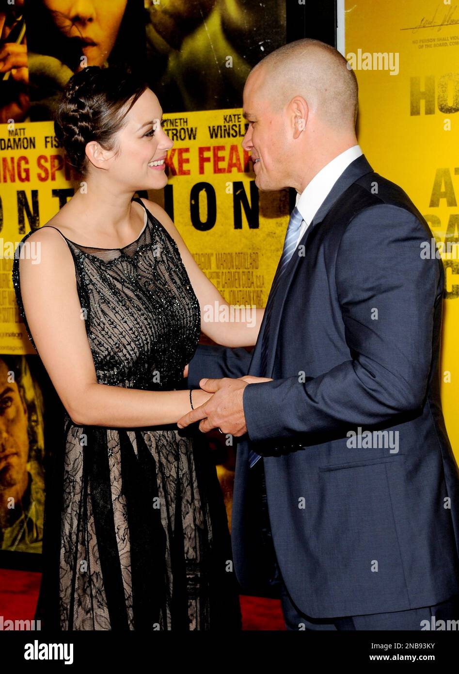 Actress Marion Cotillard and actor Matt Damon attend the premiere of ...