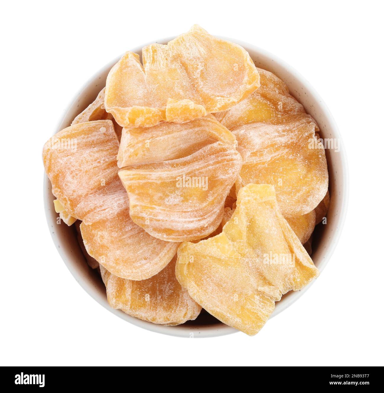 Delicious dried jackfruit slices in bowl isolated on white, top view ...