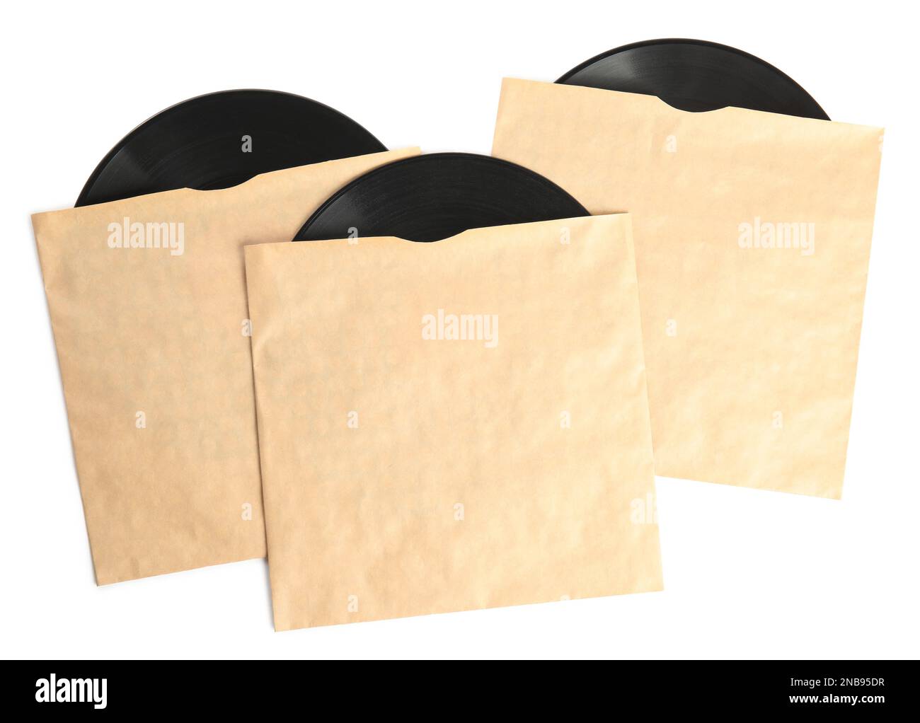 Vintage vinyl records in paper covers on white background, top view ...