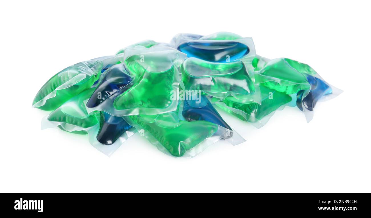 Heap of laundry capsules on white background Stock Photo - Alamy