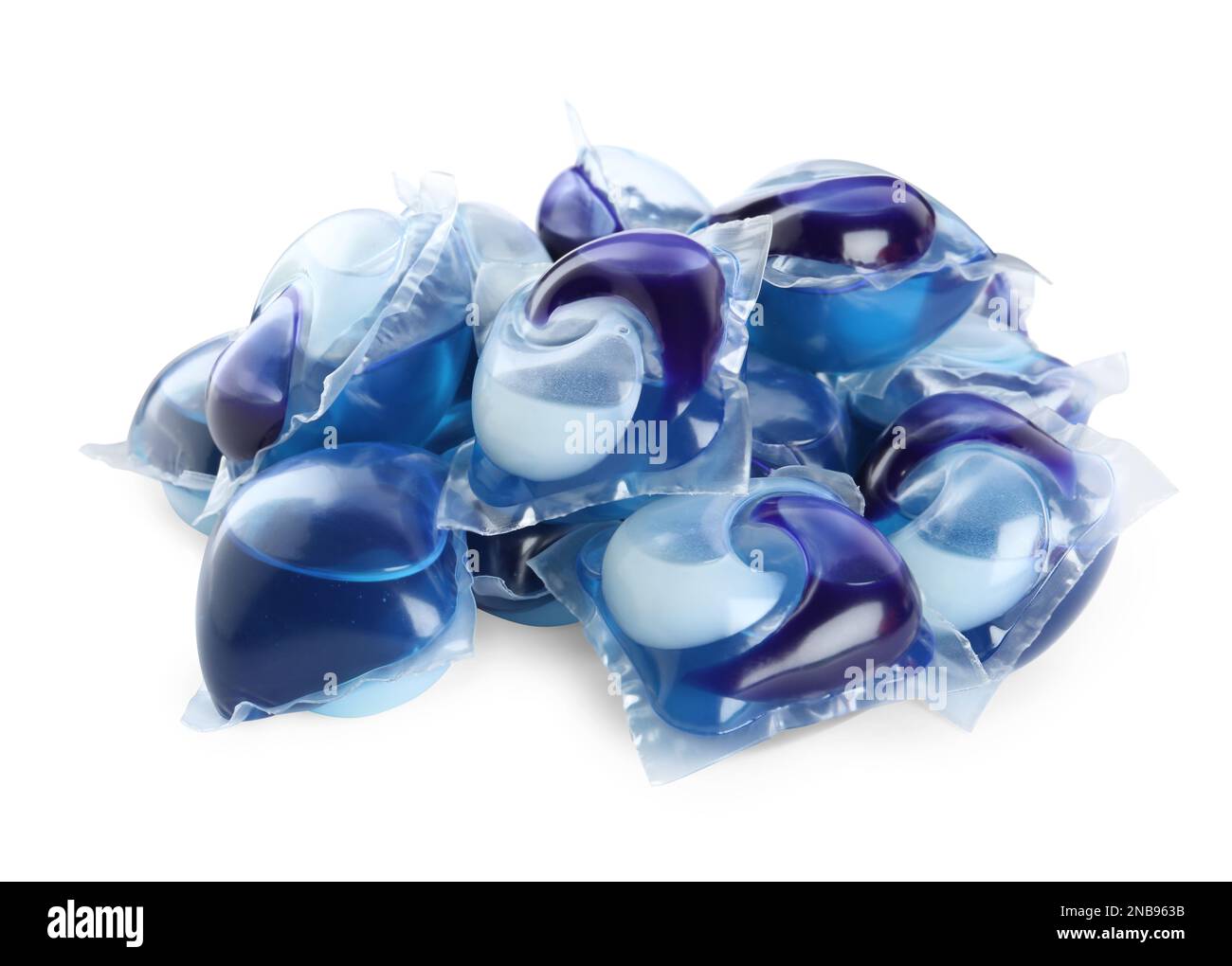 Heap of laundry capsules on white background Stock Photo - Alamy