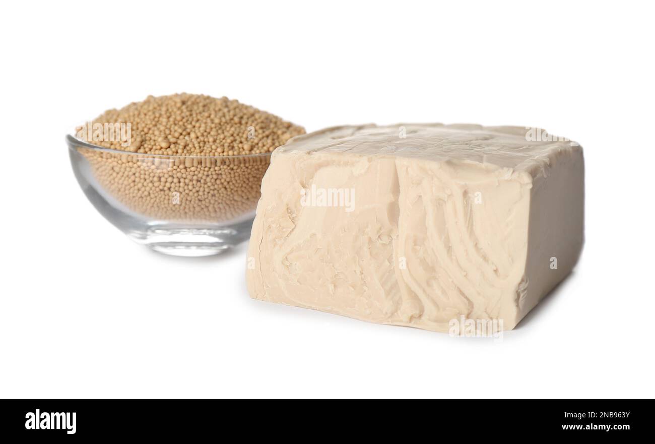 Compressed and granulated yeast on white background Stock Photo - Alamy
