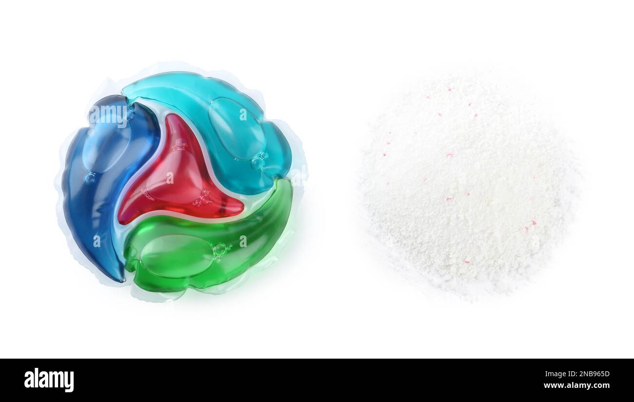Laundry capsule and washing powder on white background, top view Stock ...