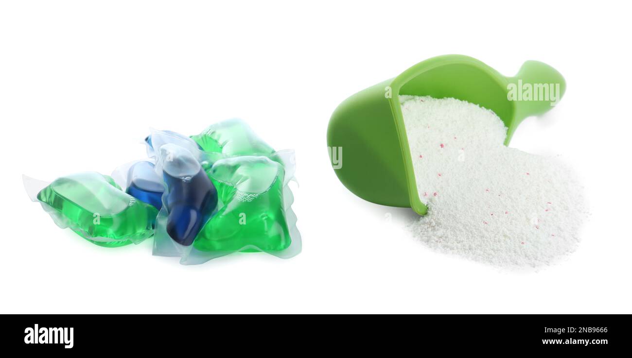 Laundry capsules and measuring scoop of washing powder on white ...