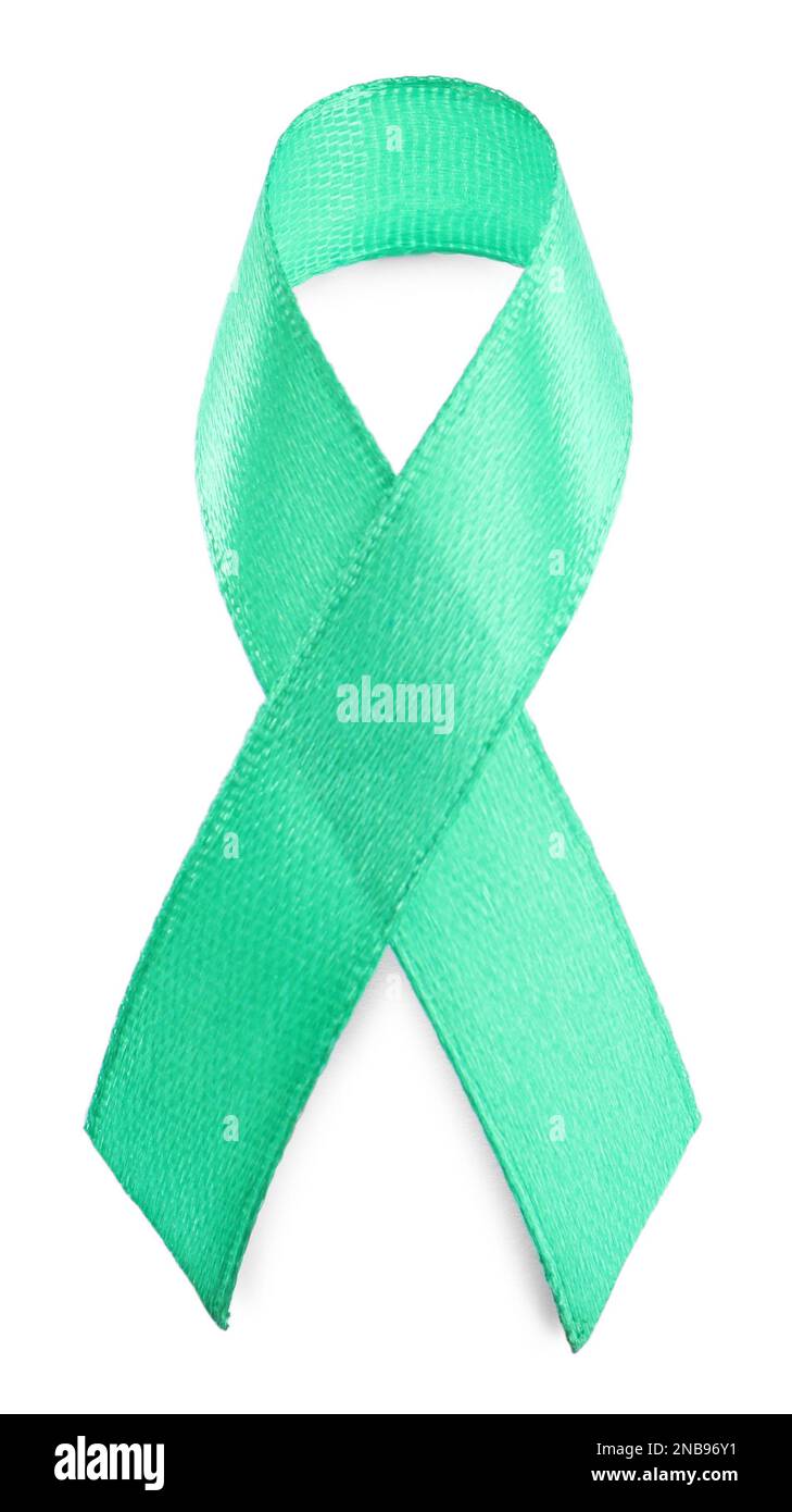 Green ribbon isolated on white, top view. World Cancer Day Stock Photo ...