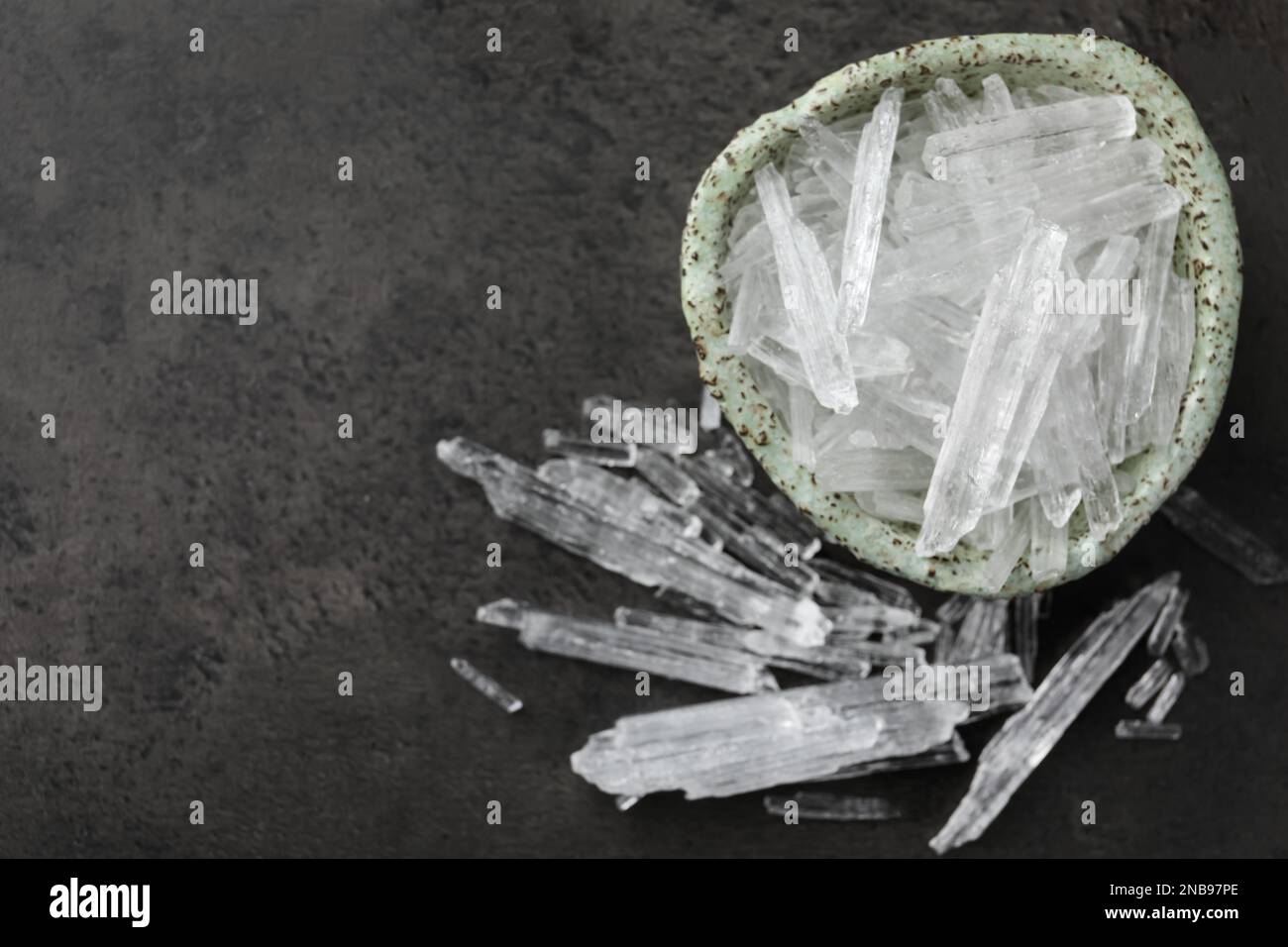 Menthol crystals on grey background, flat lay. Space for text Stock ...