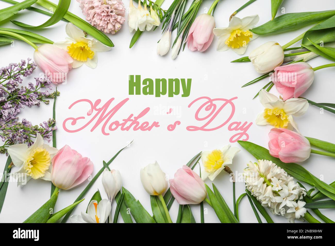 Happy Mother's Day. Beautiful spring flowers on white background, flat ...