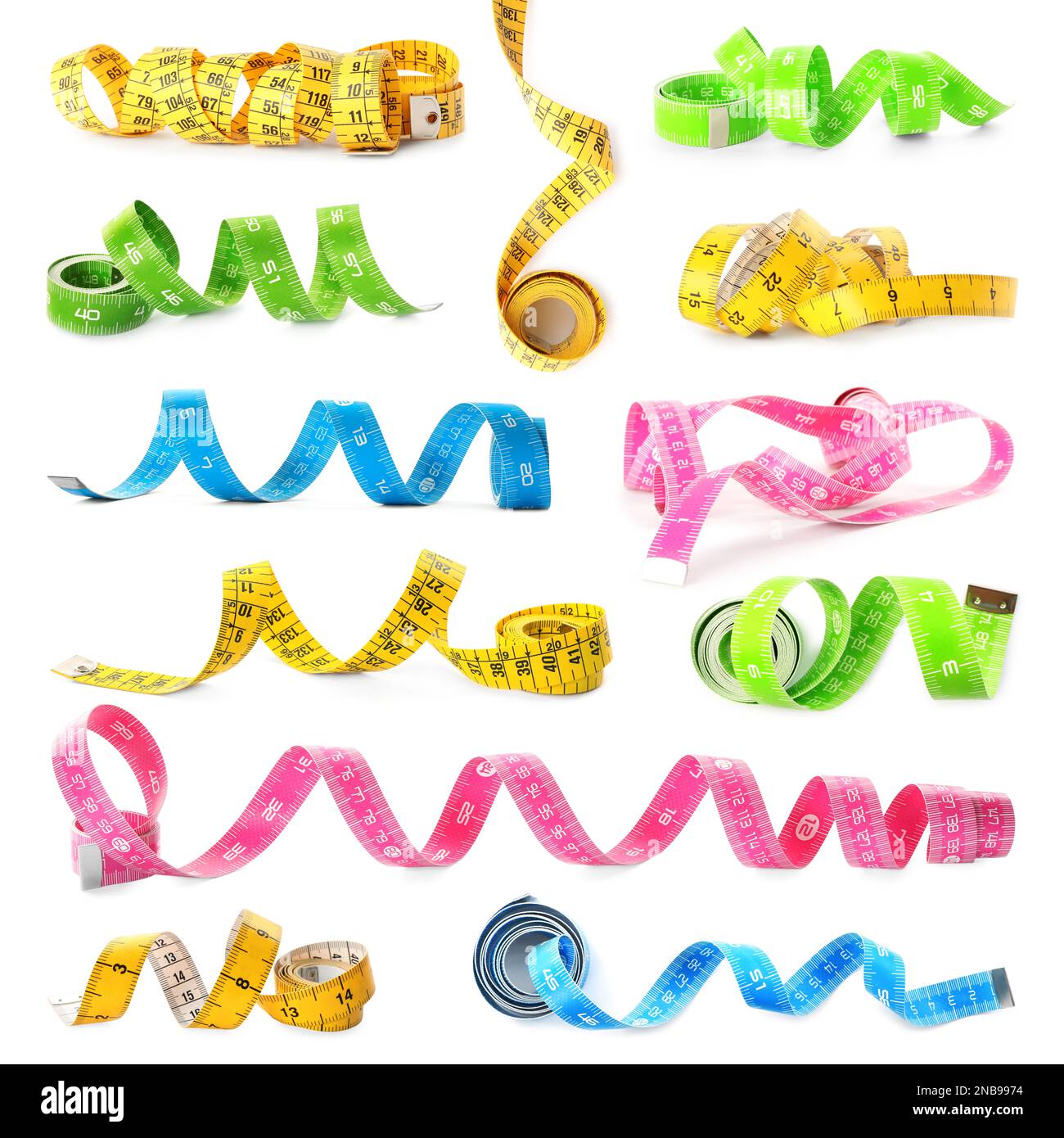 Set with different measuring tapes on white background Stock Photo - Alamy