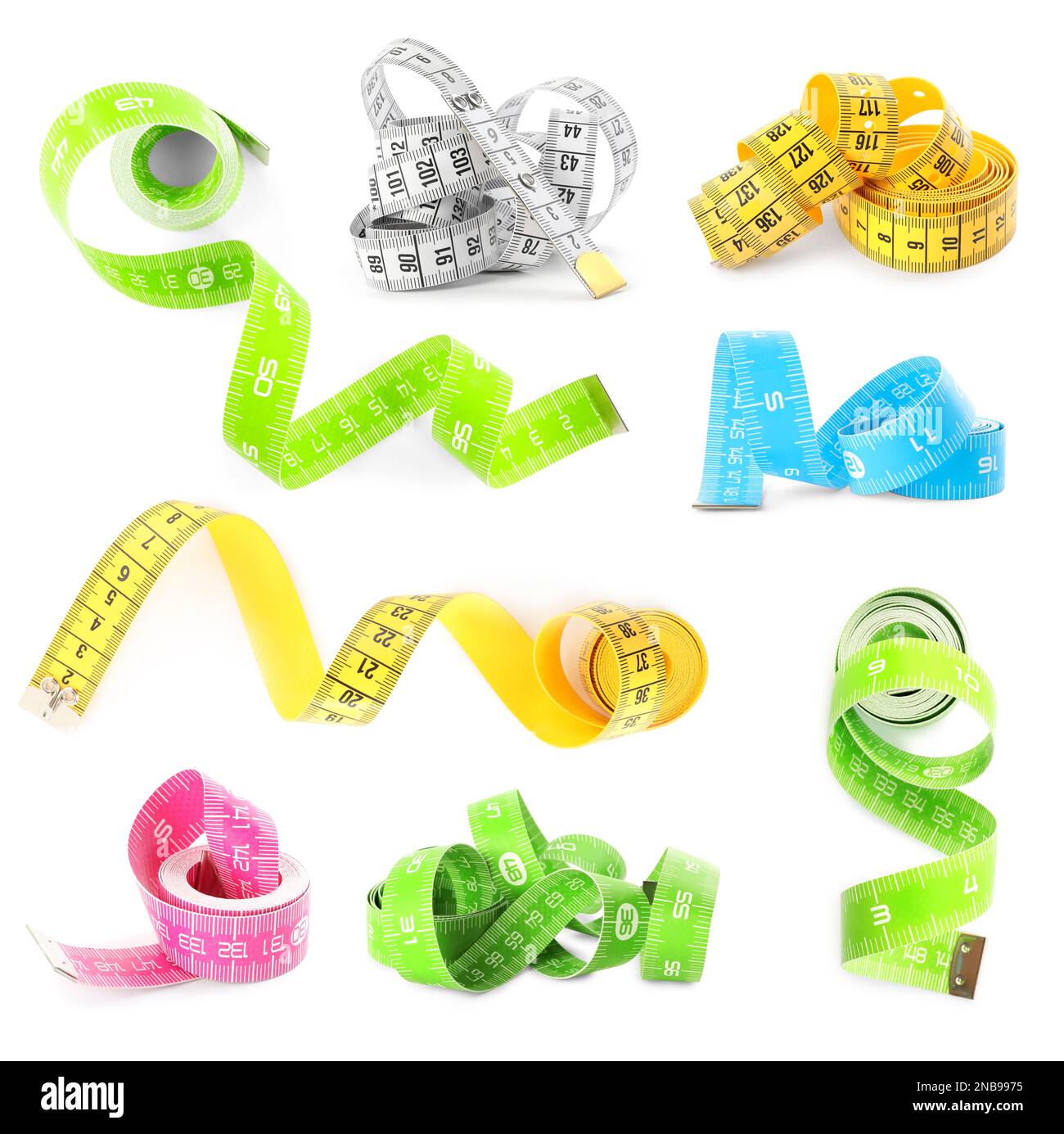 Set with different measuring tapes on white background Stock Photo - Alamy