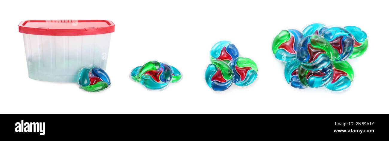 Set with laundry capsules on white background, banner design. Detergent ...