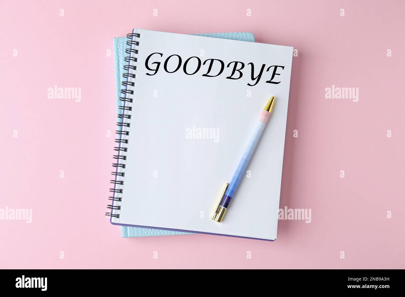 Notebook with word Goodbye on pink background, top view Stock Photo - Alamy