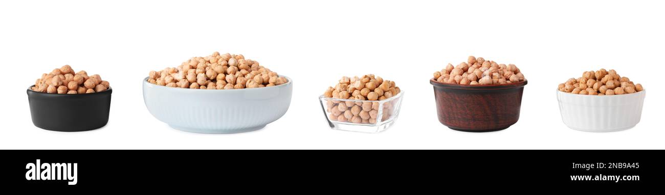 Set with raw chickpeas in bowls on white background. Banner design ...
