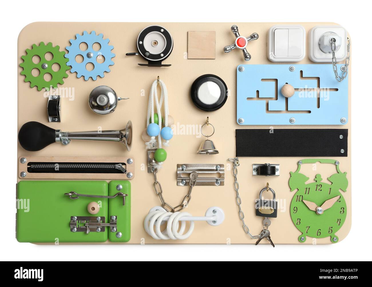 Busy board isolated on white. Baby sensory toy Stock Photo - Alamy