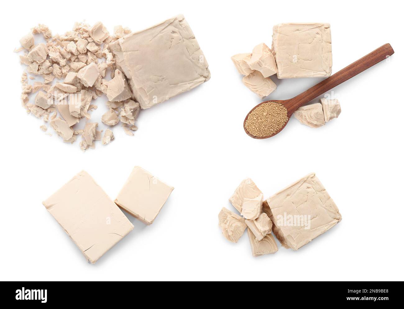 Set with compressed and dry yeast on white background, top view Stock ...