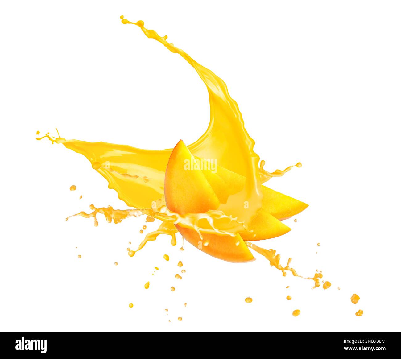 Splash of delicious mango juice on white background Stock Photo - Alamy