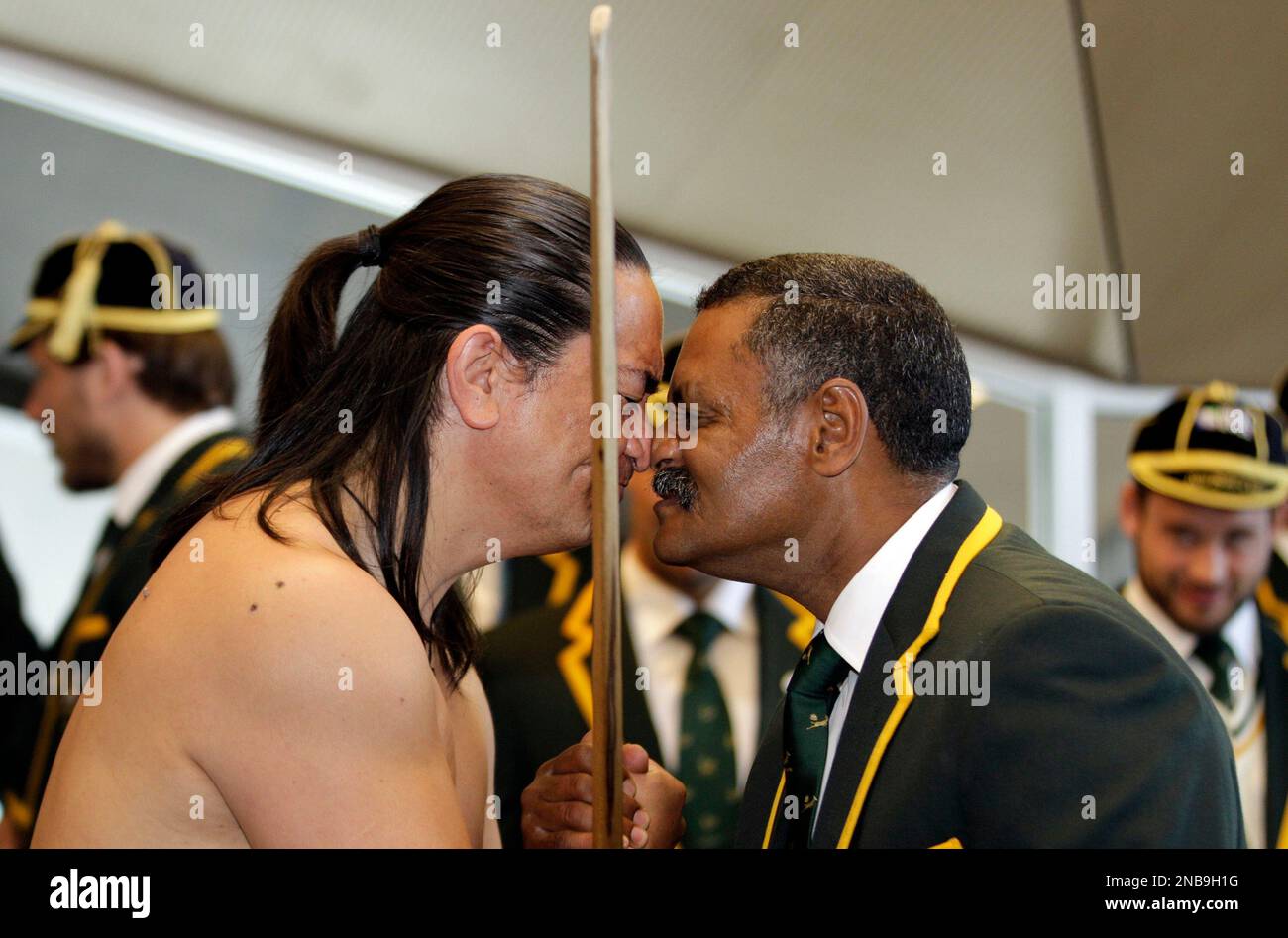 South Africa's coach Peter de Villiersr, right, receives a hongi, a ...