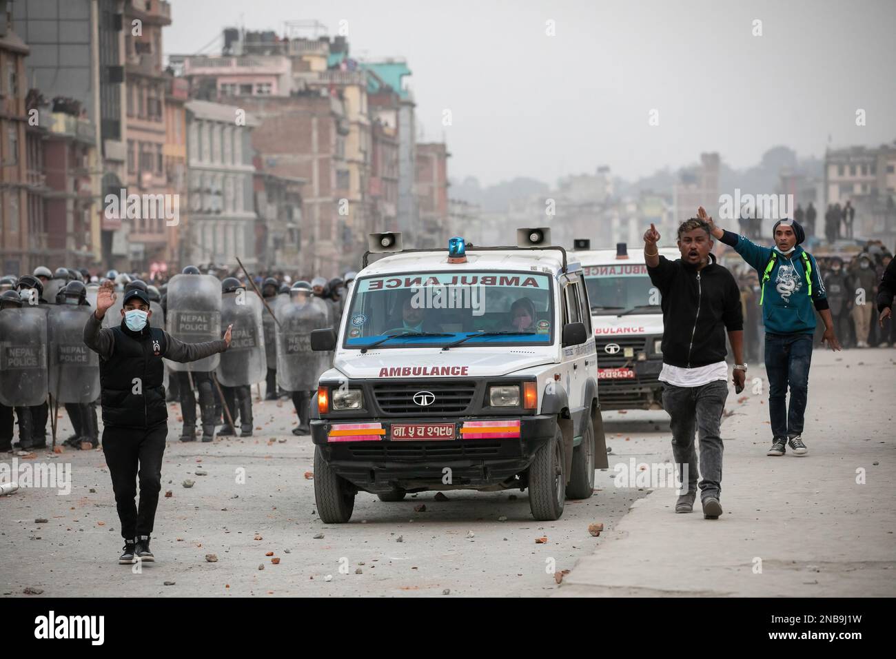Kathmandu, Nepal. 13th Feb, 2023. Protesters attack an ambulance ...