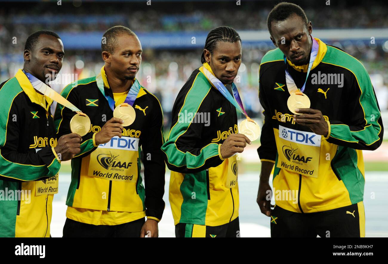 From right, Jamaica's Usain Bolt, Yohan Blake, Michael Frater and Nesta ...