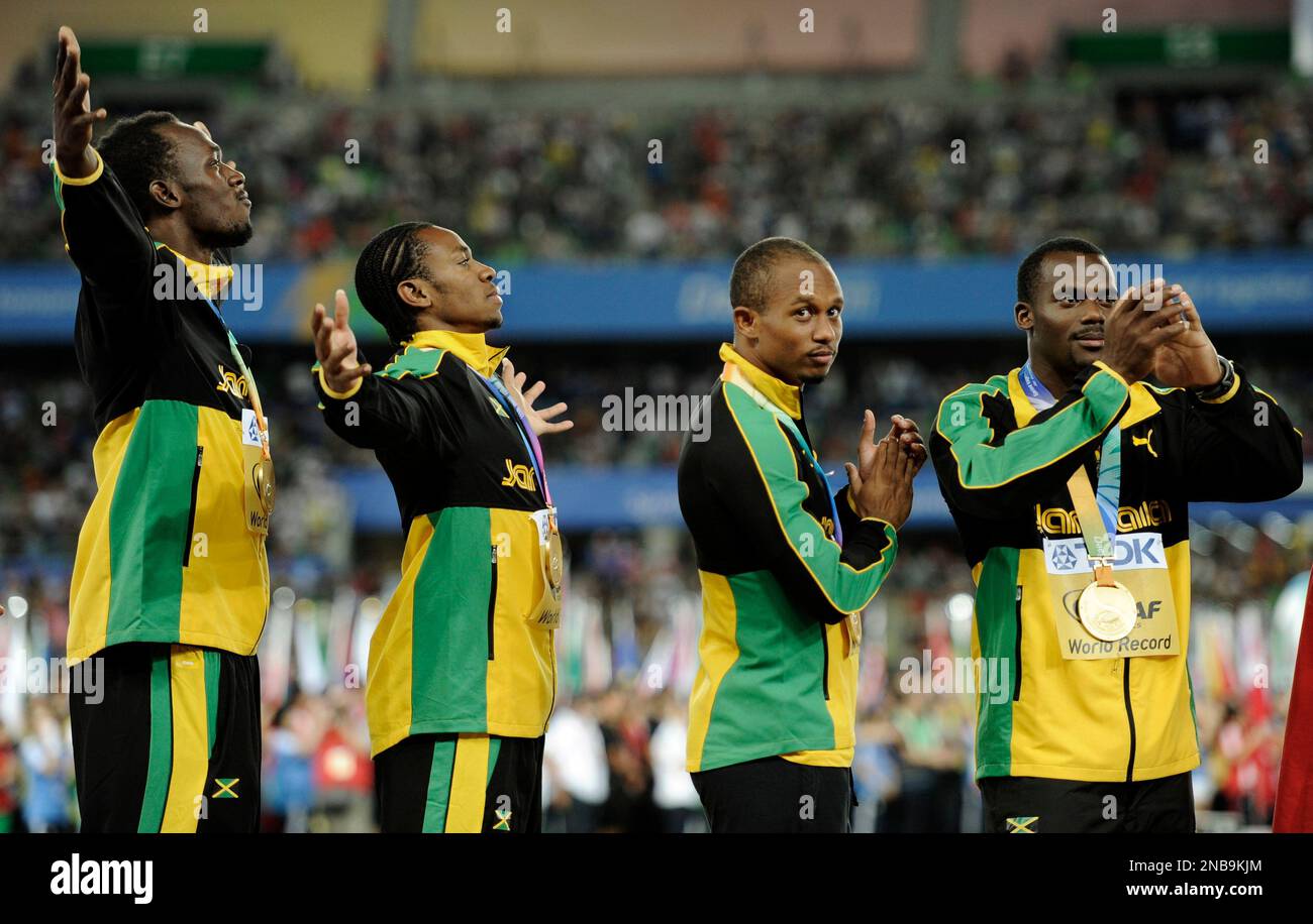 From left, Jamaica's Usain Bolt, Yohan Blake, Michael Frater and Nesta ...