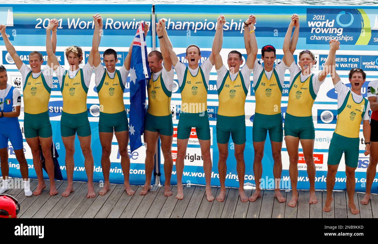 The team of Australia celebrates on the podium after winning the Men's ...