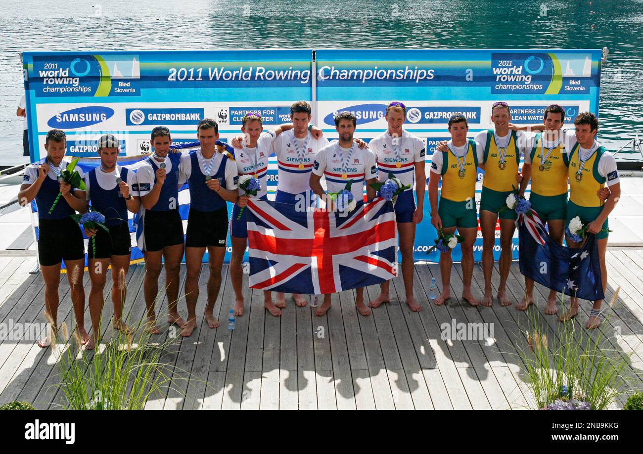 The teams of second placed Greece, left, first polaced of Great Britain ...