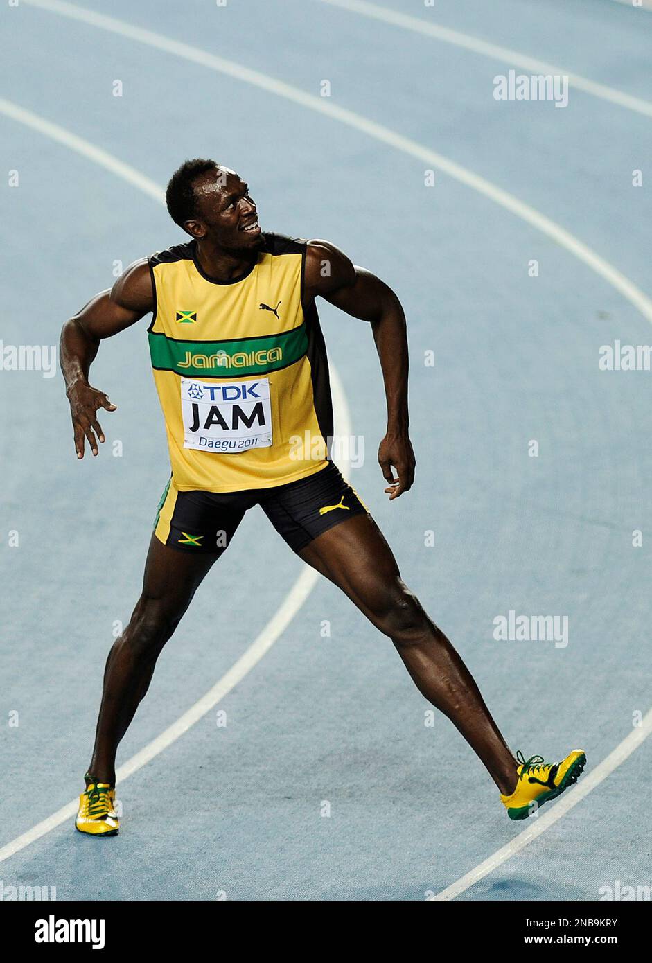 Jamaica's Usain Bolt celebrates winning the Men's 4x100 Relay final and ...