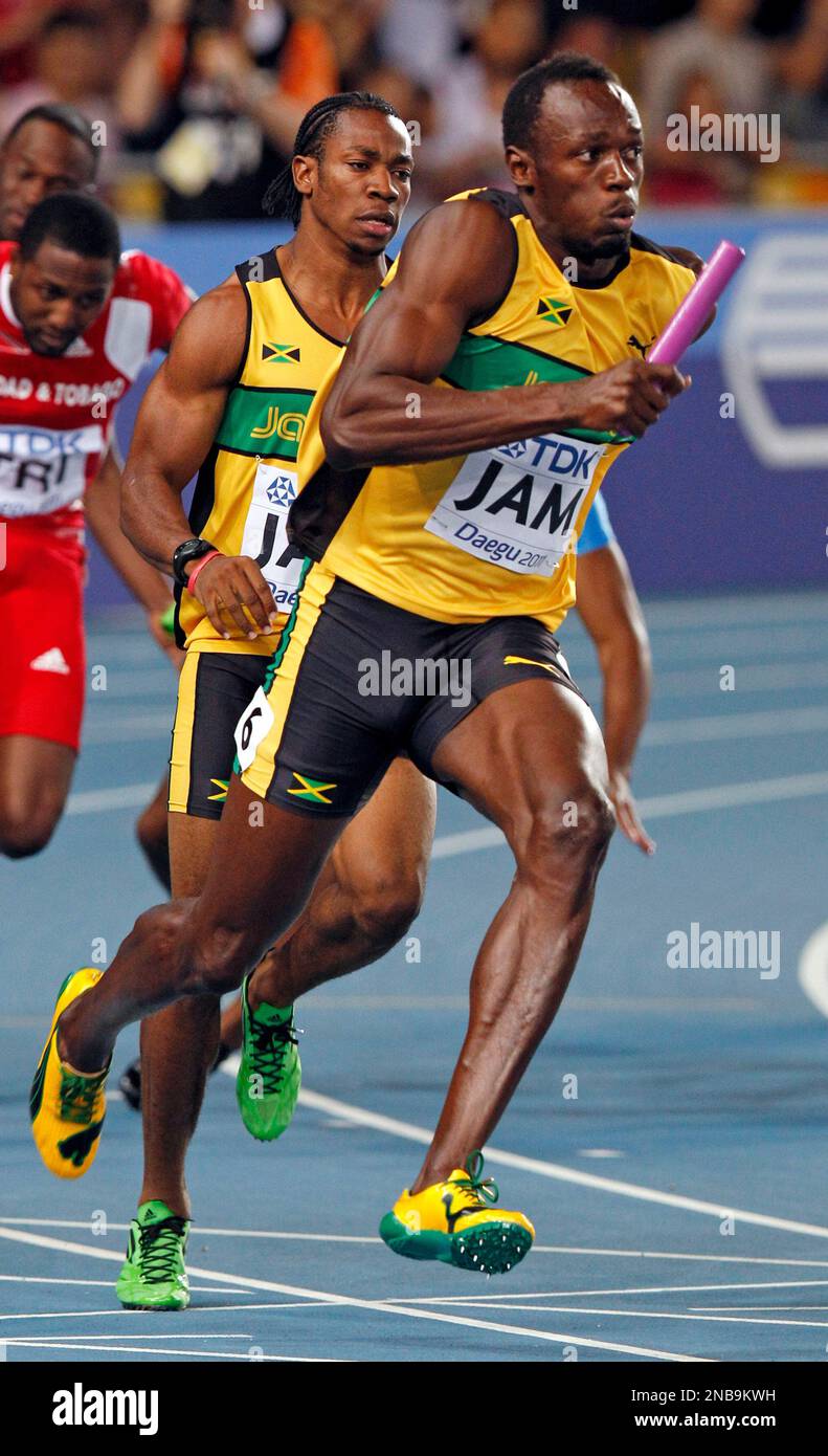 Jamaica's Usain Bolt anchors his team to winning the gold in the Men's ...