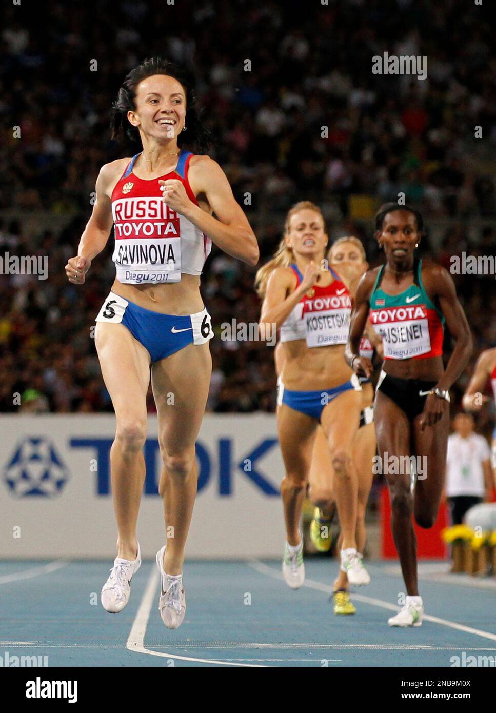 Russia's Mariya Savinova crosses the finish line to win the Women's ...