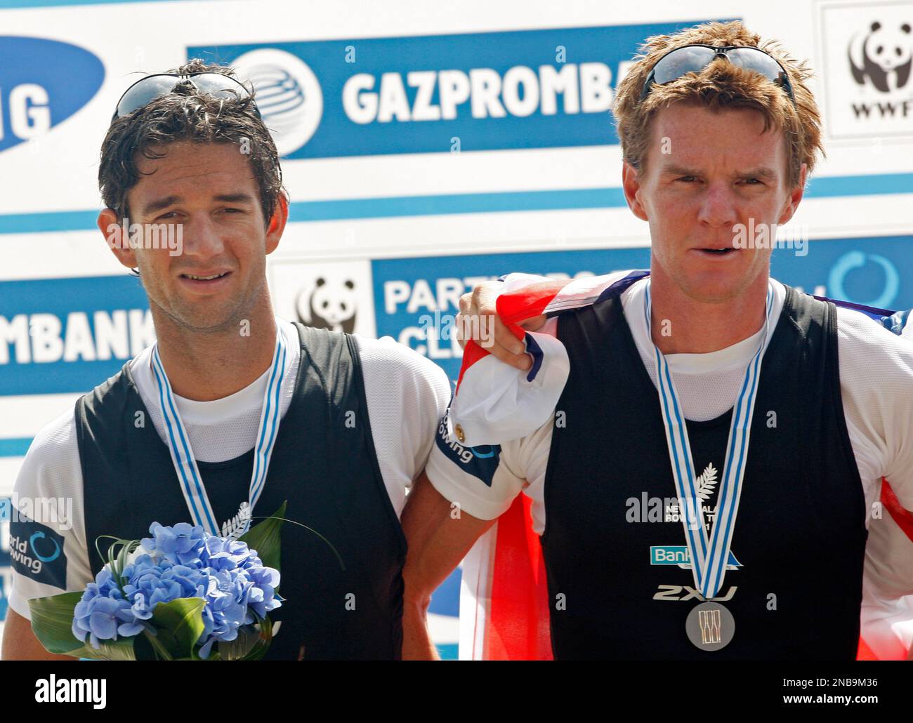 Storm Uru and Peter Taylor, from left, of New Zealand celebrate on the ...