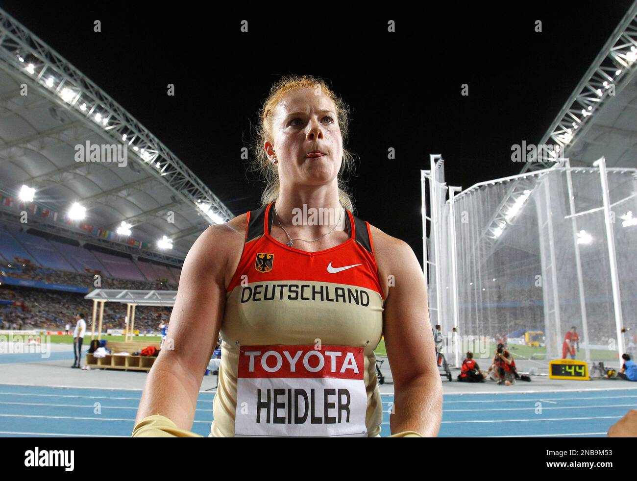Germany's Betty Heidler pauses as she competes in the Women's Hammer ...
