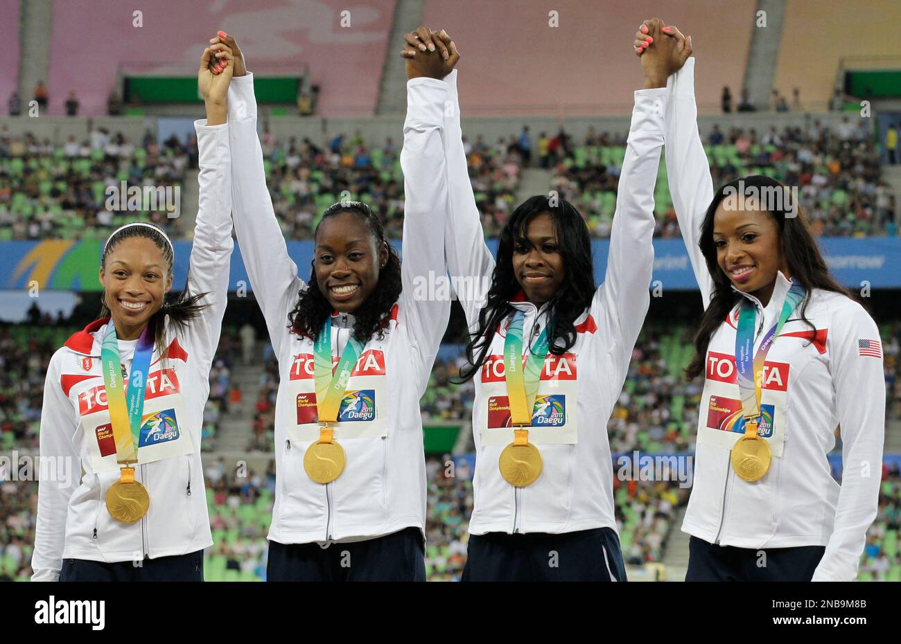 From left, USA's Allyson Felix, Jessica Beard, Francena McCorory and ...