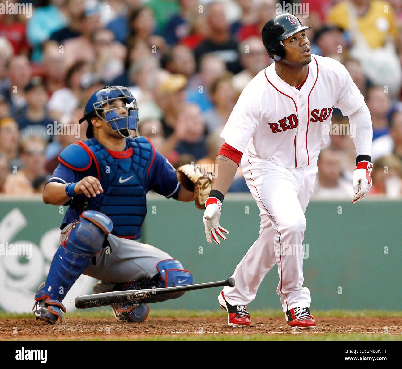 Boston Red Sox's Carl Crawford, right, and Texas Rangers catcher Yorvit ...