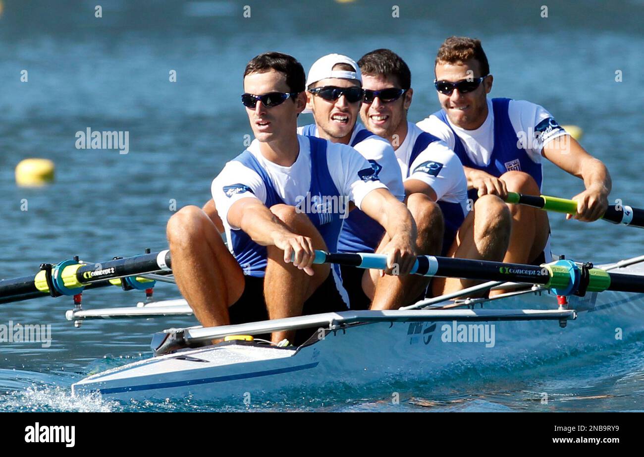 Team Greece competes in the Men's Four semifinals at the World Rowing ...