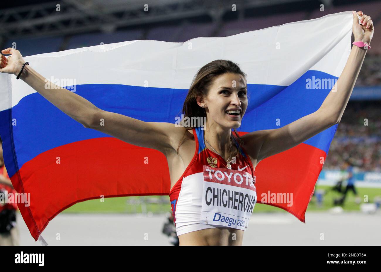 Russia's Anna Chicherova celebrates winning the Women's High Jump final ...